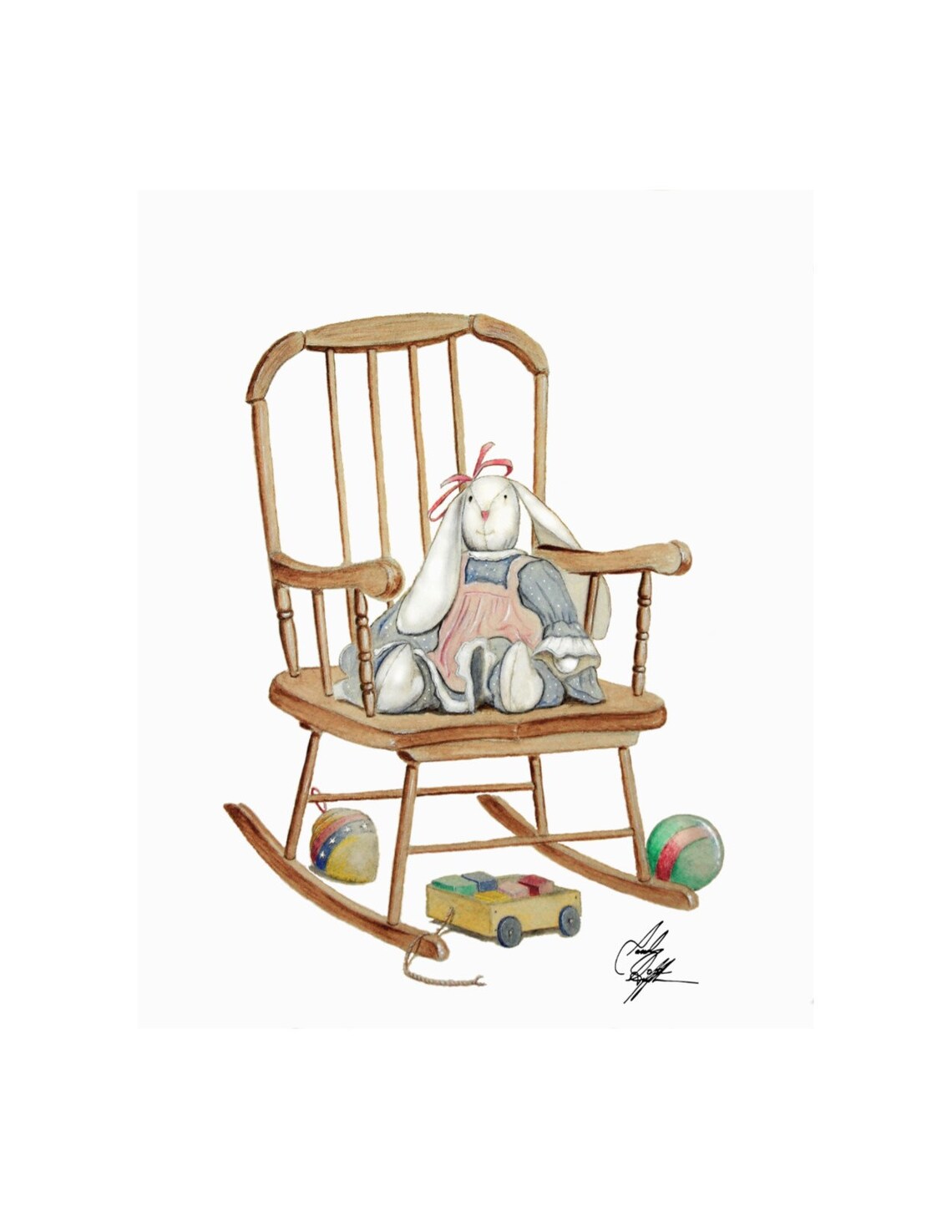 Cute and Colorful Bunny in Rocking Chair With Toys 8 X 10 Matted for 11 ...