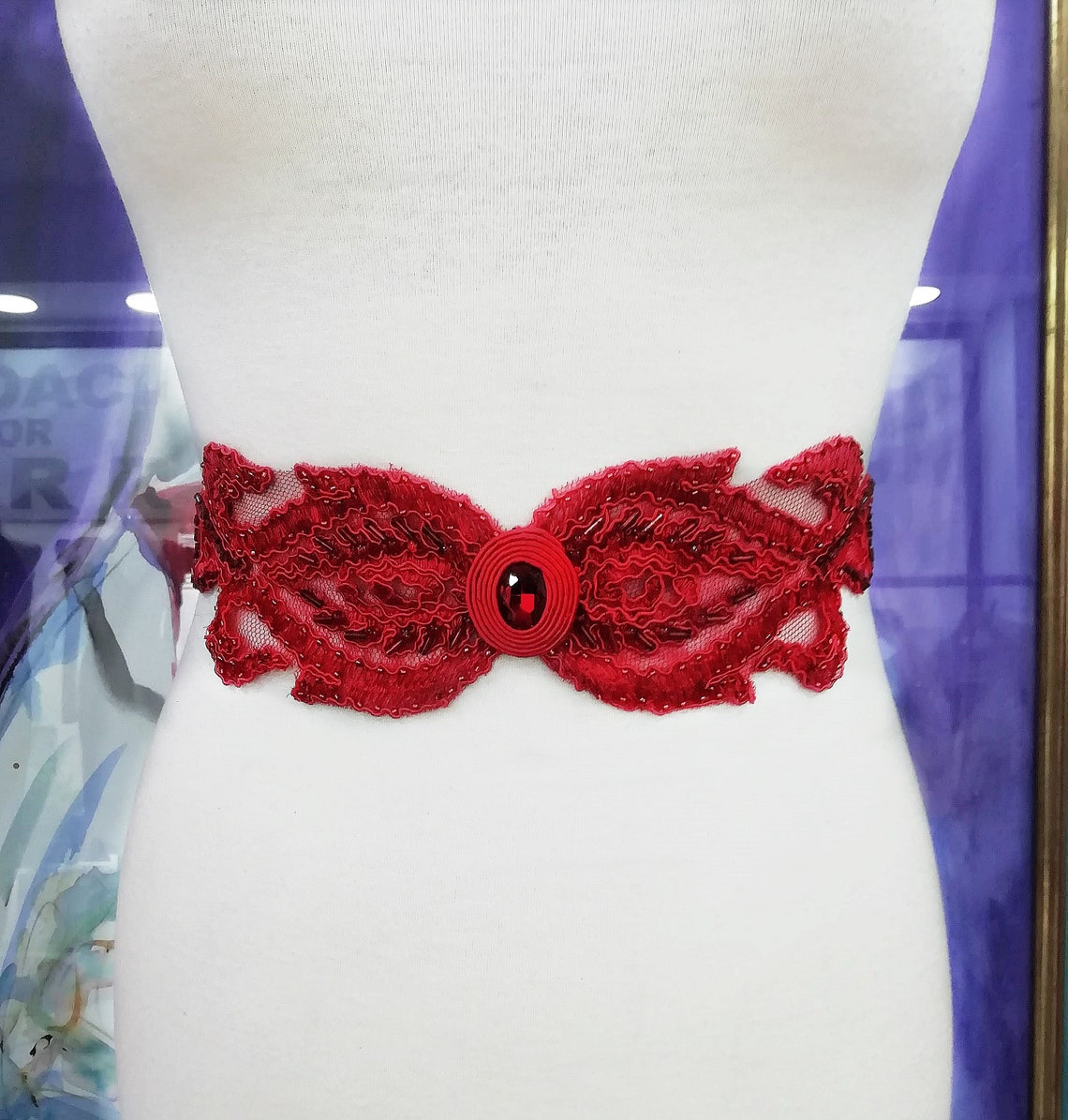 Wide Red Lace Sash Belt With Crystal and Seguins Embroidered - Etsy