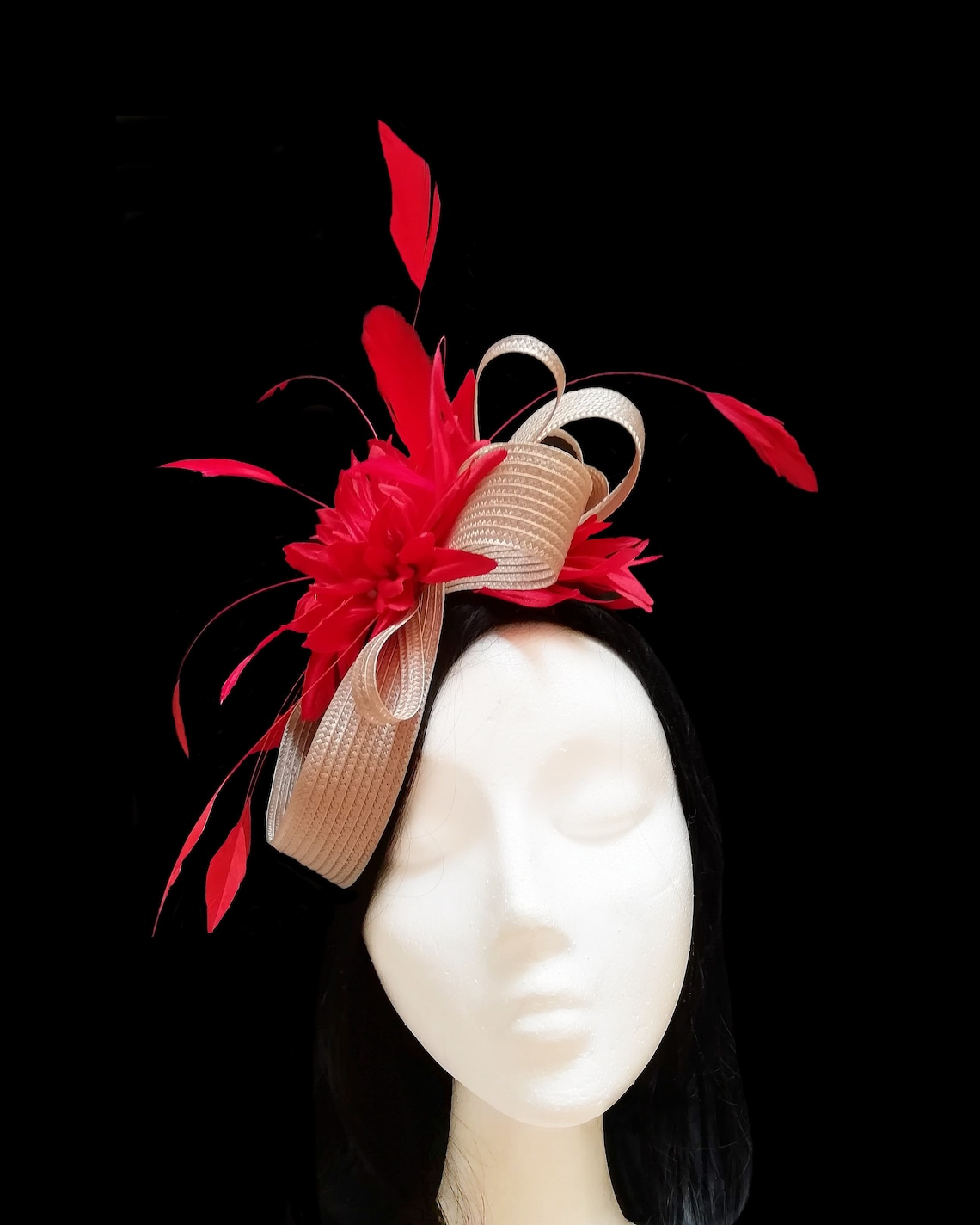 Beige and Red Fascinator With Feathers and Flower Kentucky | Etsy