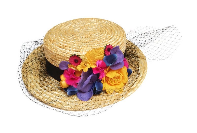Straw Boater Hat With Flowers and Birdcage Veil, Floral Headpiece - Etsy