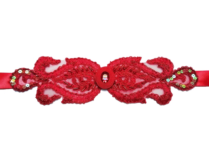 Wide Red Lace Sash Belt With Crystal and Seguins, Embroidered Applique ...