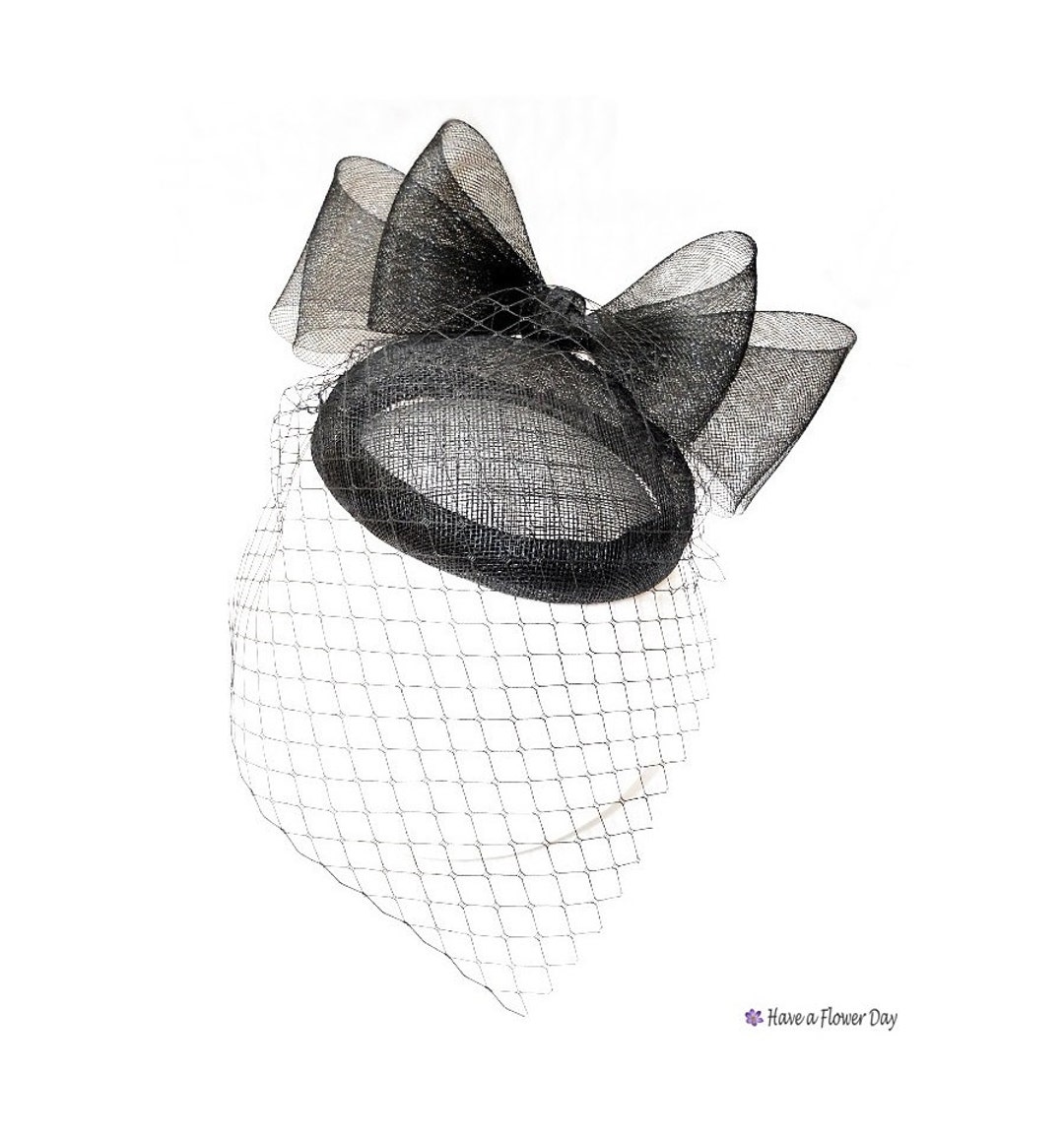 Black Pillbox Hat With Bow and Birdcage Veil, Funeral Headpiece Retro ...