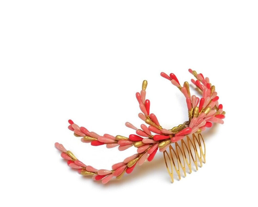 Coral and Gold Bridal Hair Comb, Wedding Cold Porcelain Headpiece - Etsy