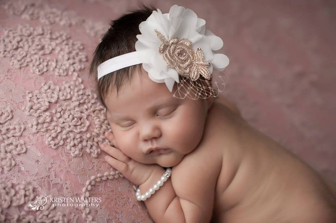 Rose Gold Flower French Vail Chiffon Headband, Baby Girls Hair ...