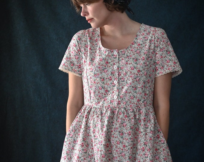 Carousel Dress / White Floral, Vintage Dress, Long Dress, Short Sleeve ...