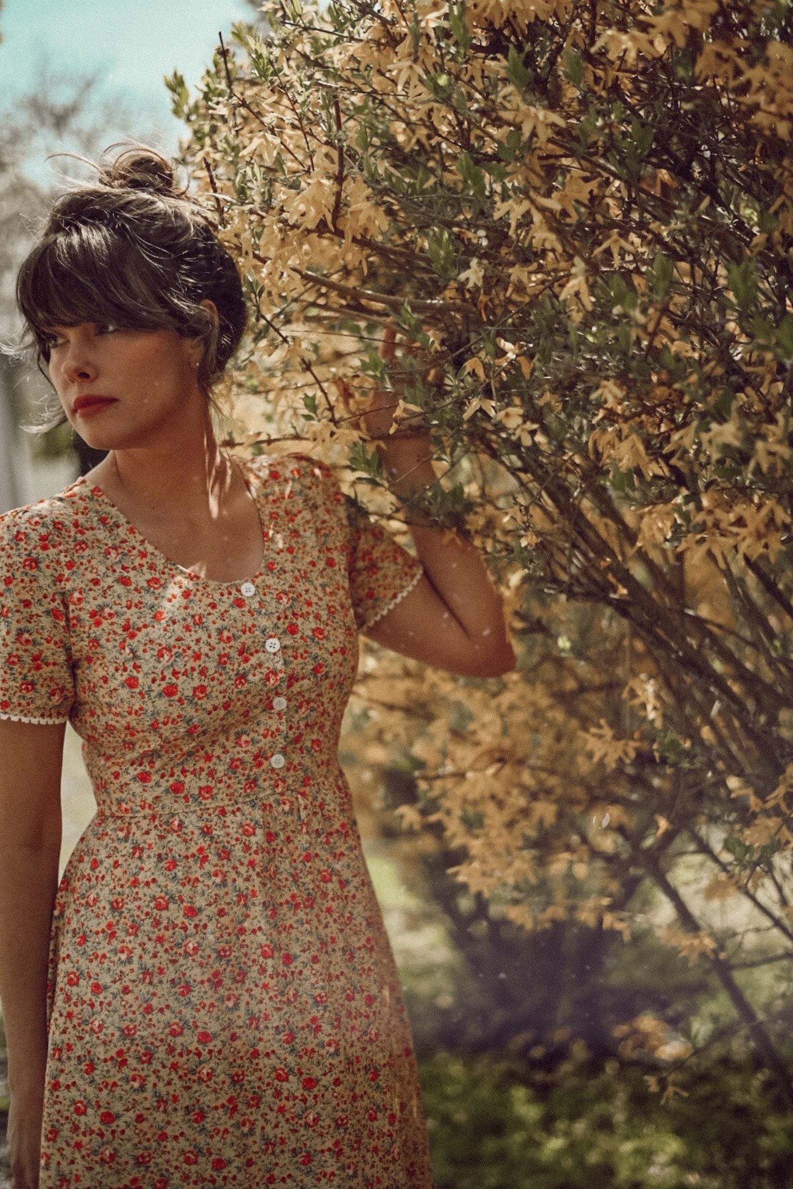 Carousel Dress /golden Floral, Vintage Dress, Long Dress, Short Sleeve ...