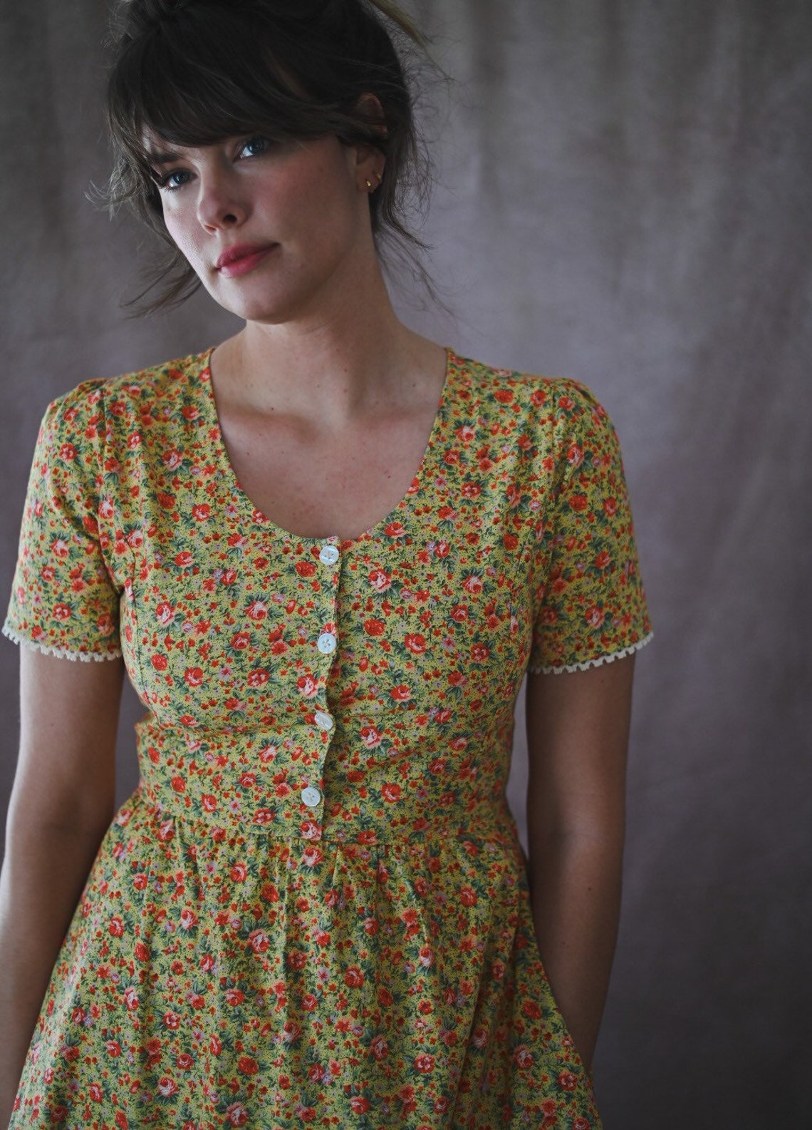Carousel Dress /golden Floral, Vintage Dress, Long Dress, Short Sleeve ...