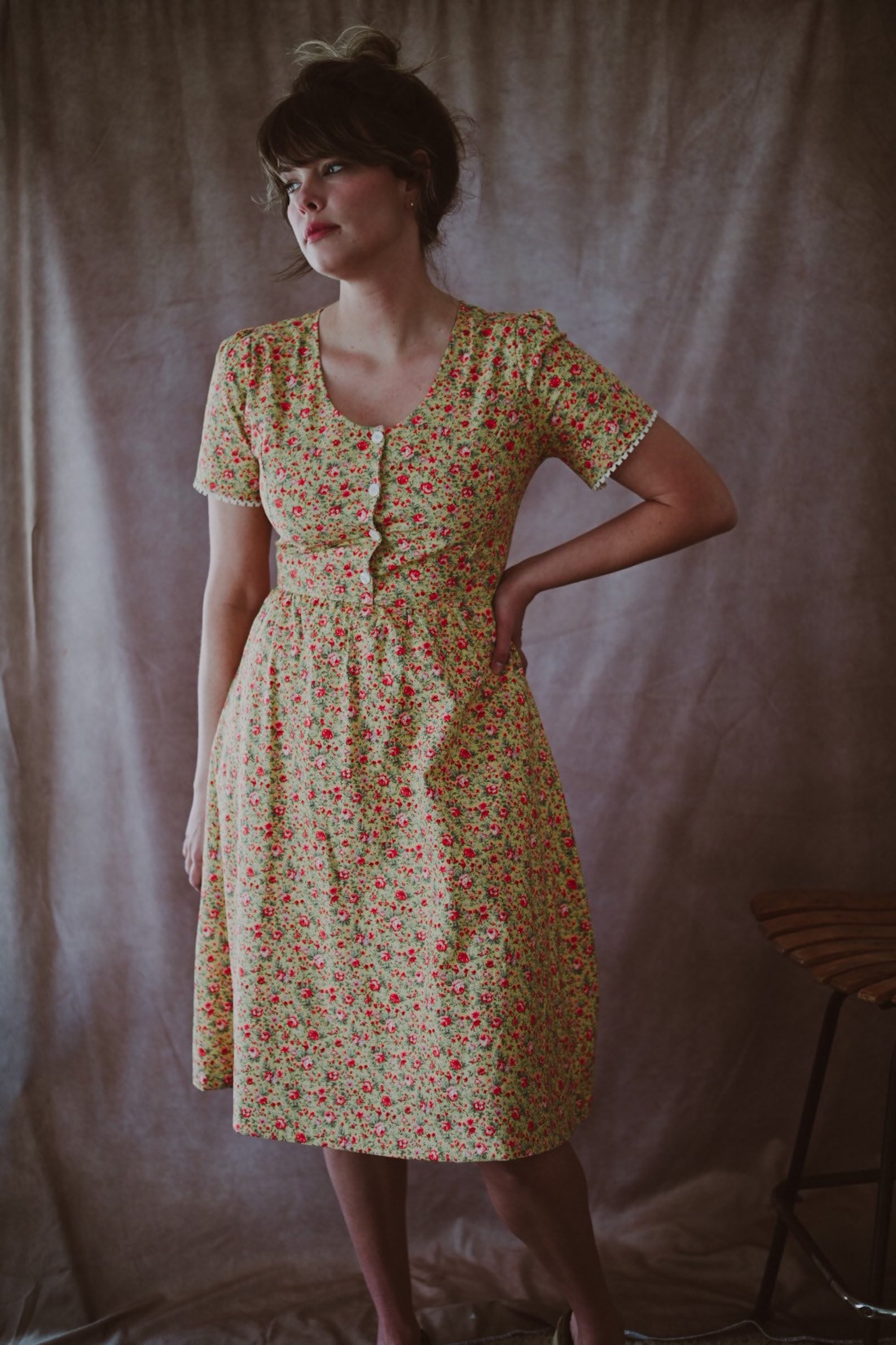 Carousel Dress /golden Floral, Vintage Dress, Long Dress, Short Sleeve ...