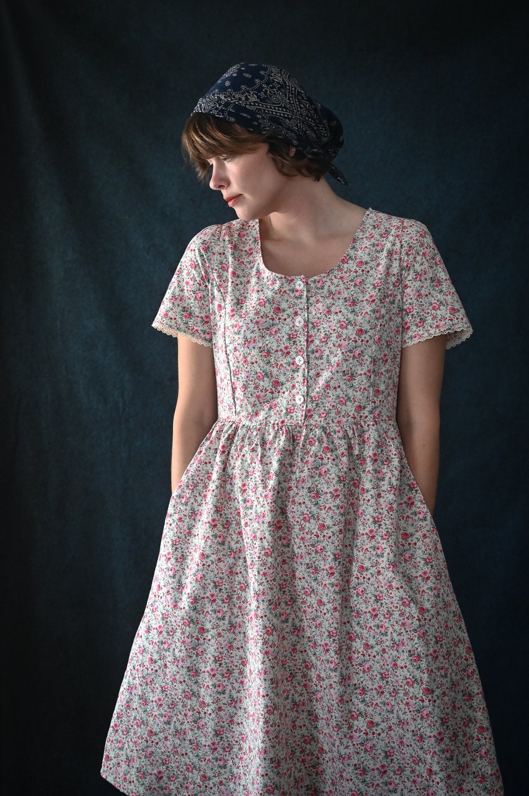 Carousel Dress / White Floral, Vintage Dress, Long Dress, Short Sleeve ...