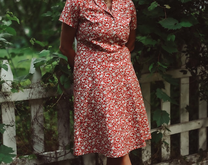 1930s Short Sleeve Dress 1930s Red House Dress Casual Cotton Dress Red ...