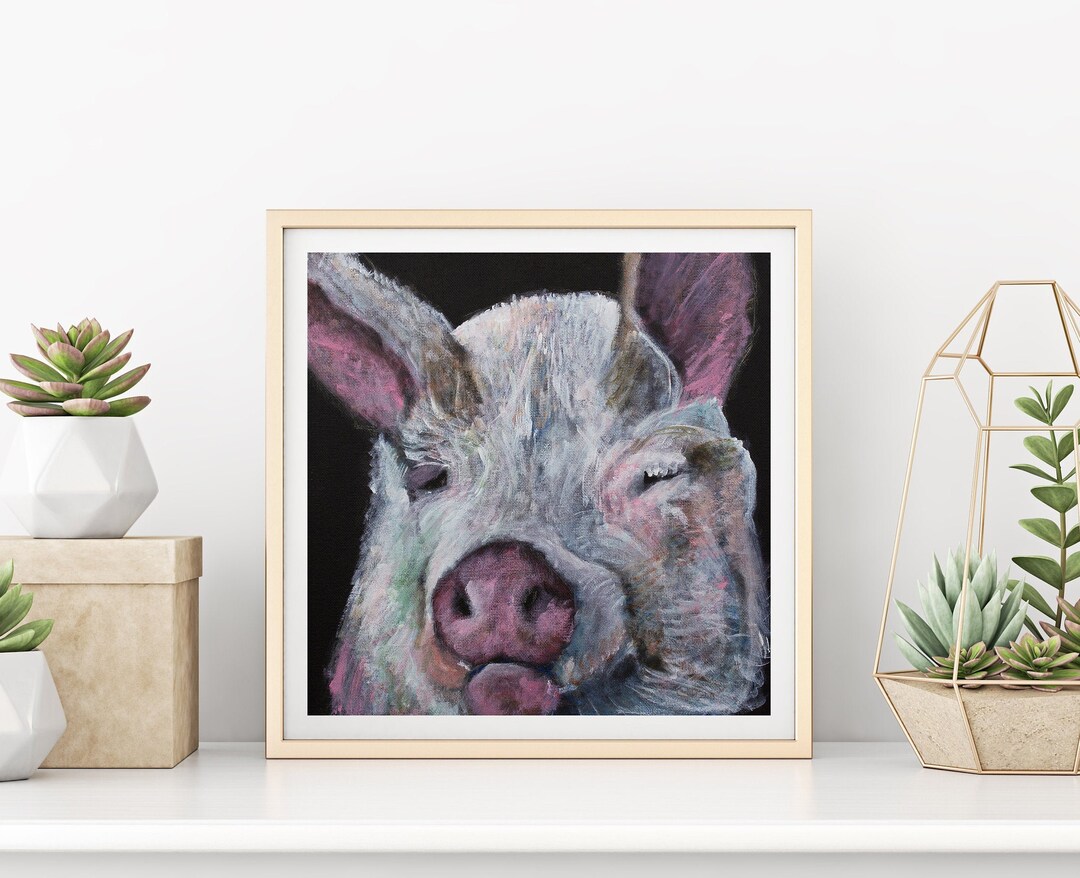 Winking Pig Hog Portrait Painting Art Print Farm Animal Picture Pink ...
