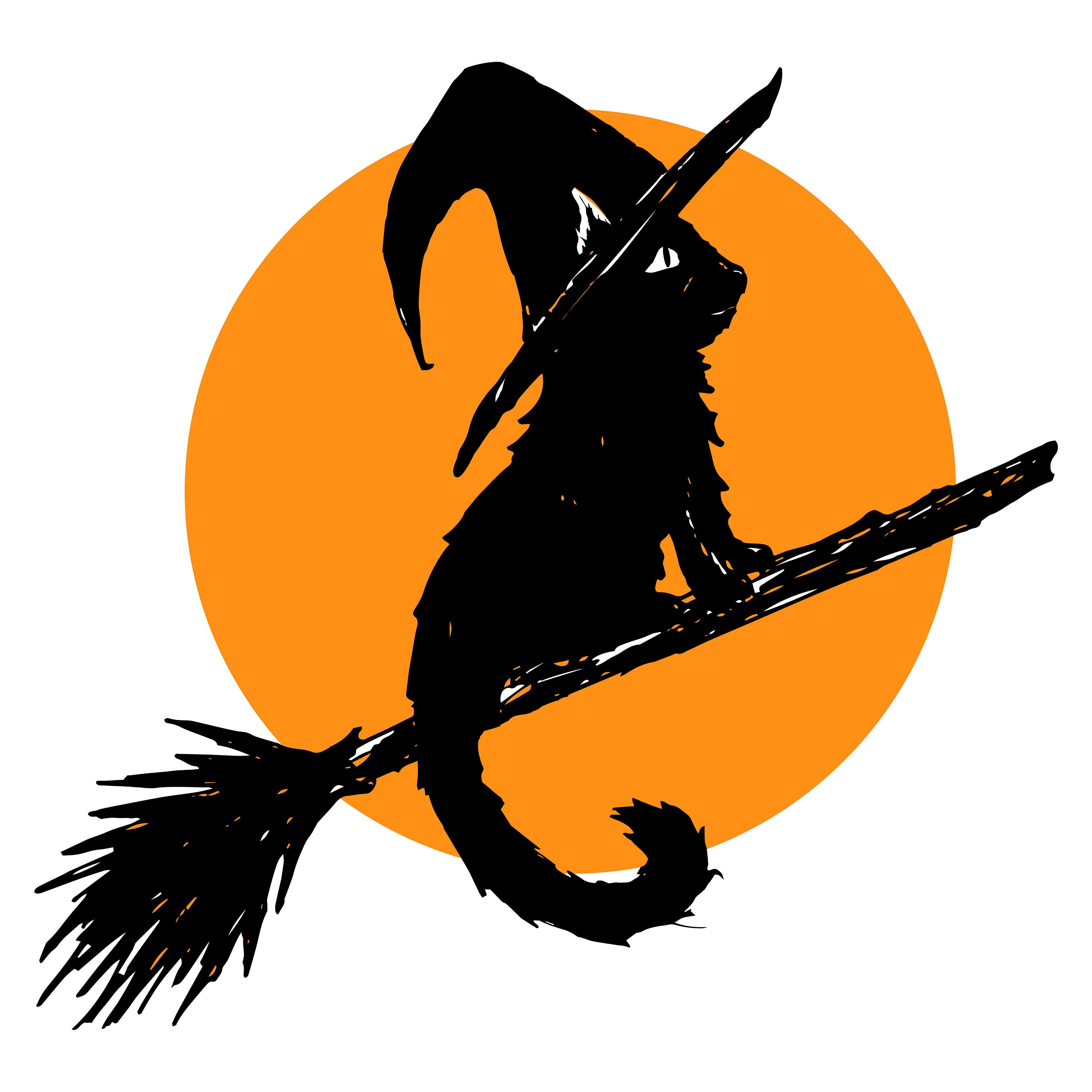 Witchy Kitten Cat on Broomstick With Witches Hat Flying Over the Moon ...
