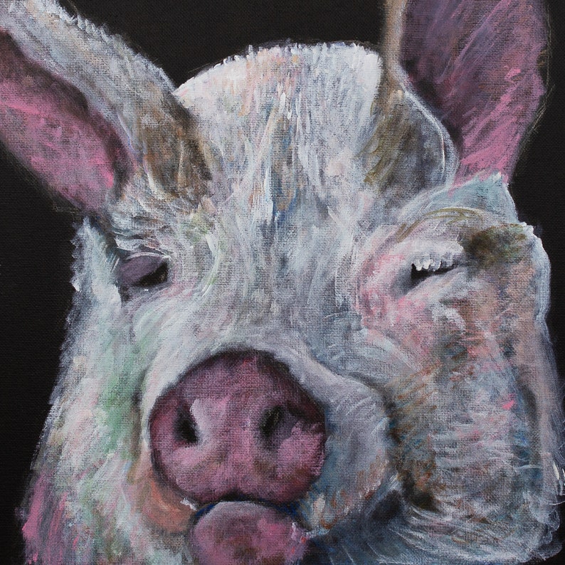 Winking Pig Hog Portrait Painting Art Print Farm Animal Picture Pink ...