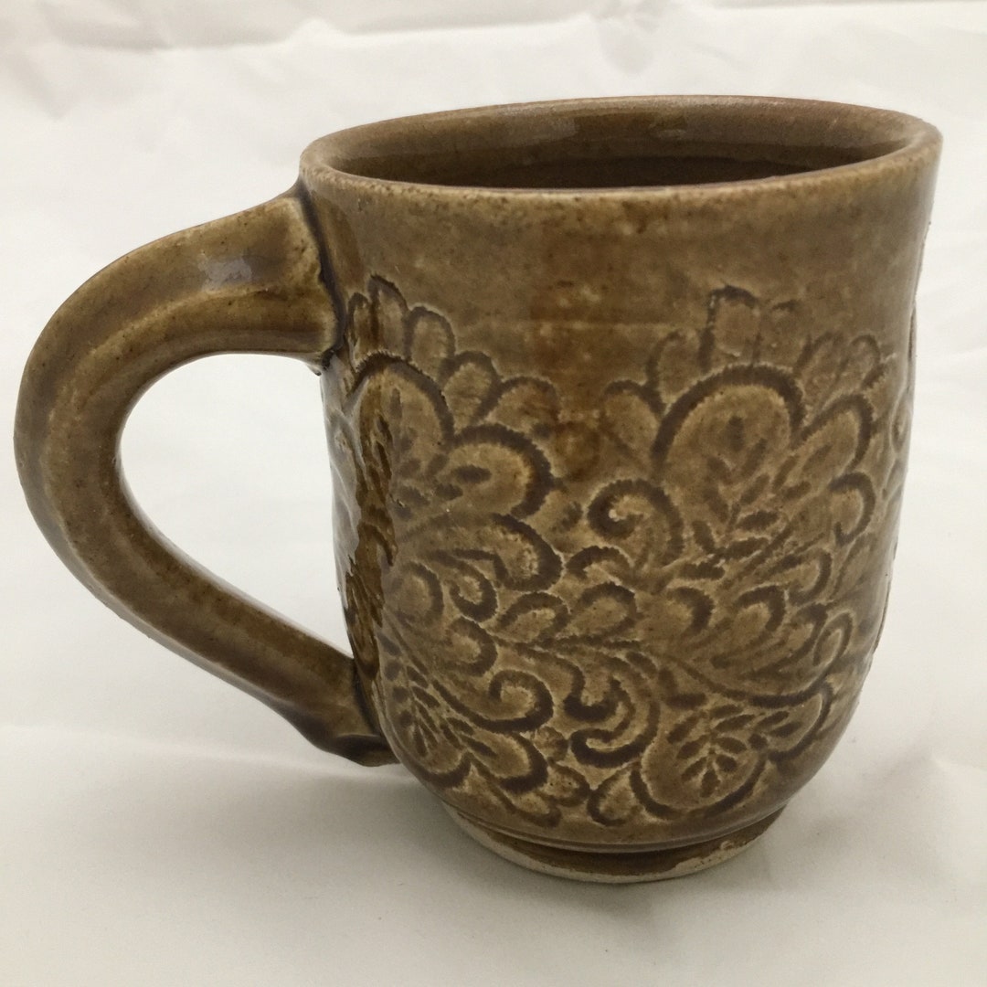 Mug, Amber Colored, 4.5" Tall Coffee Cup, Cup, Stein, Jacobean Carving ...