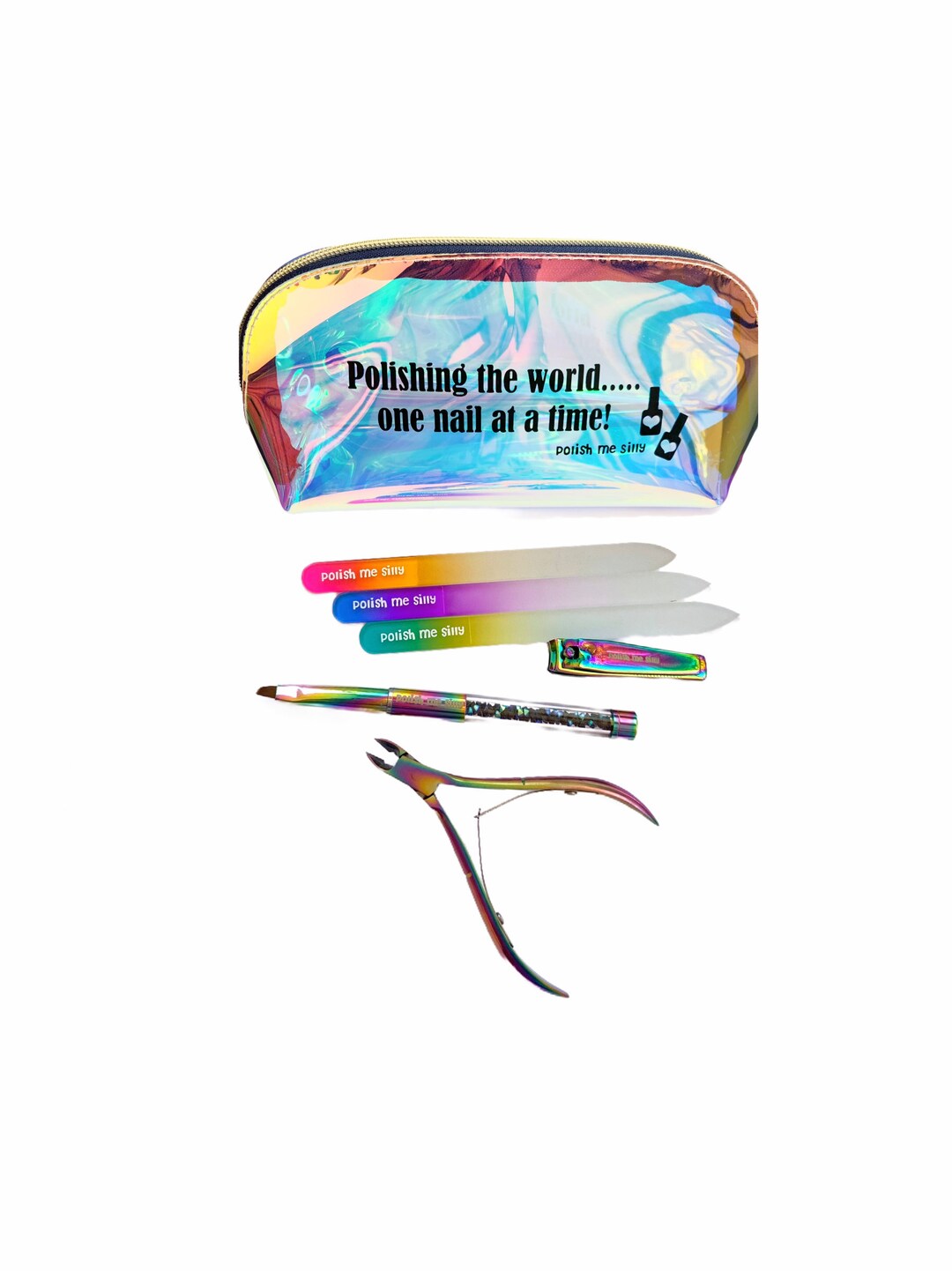 7 Pc Full Set-- Rainbow Bag, Clipper, File, Nipper, Clean up Brush ...