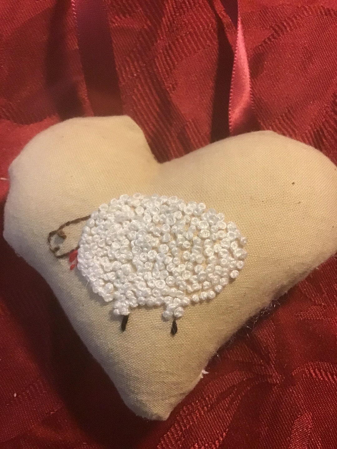 Primitive Sheep Pillow, Hand Embroidered Hanging Pillow, Heart Shaped ...