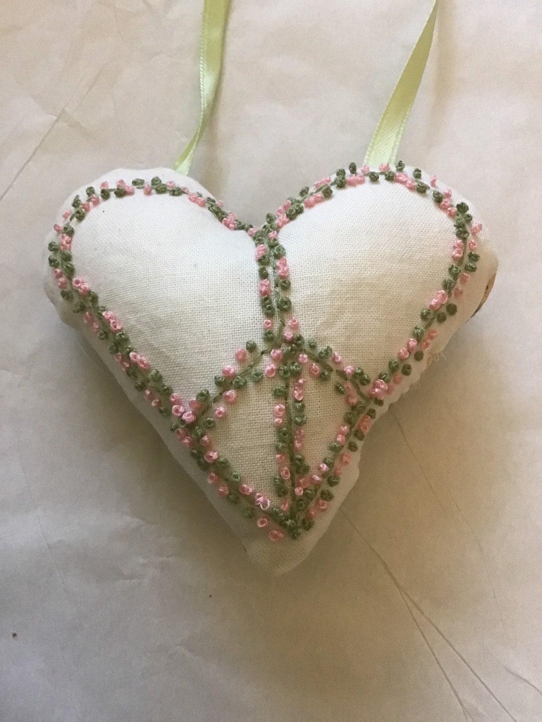 Peace Sign Pillow, Hand Embroidered, Heart Shaped Hanging Pillow ...