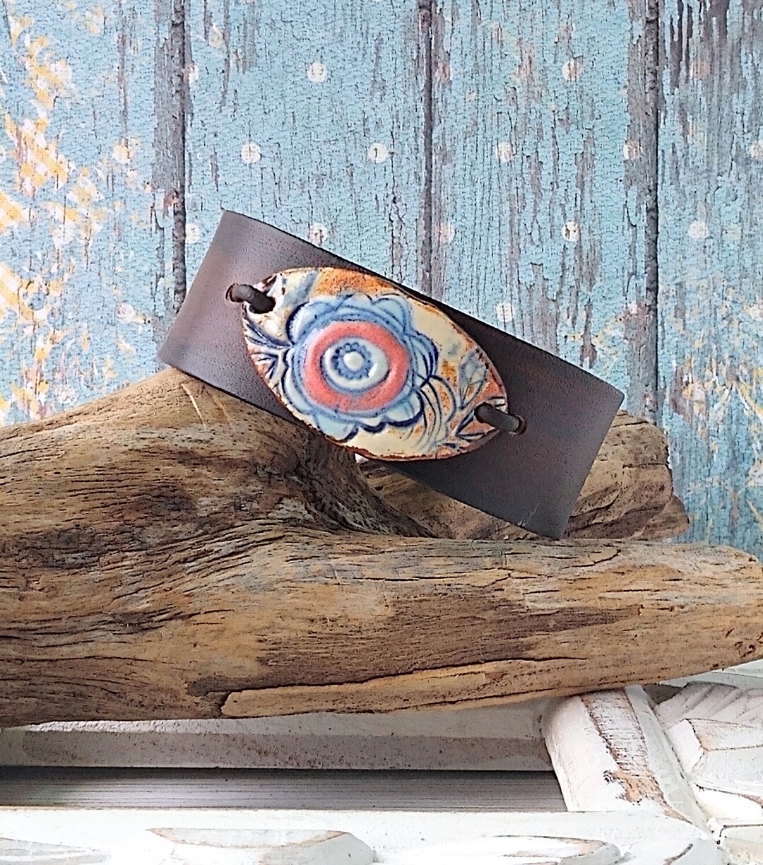 Rustic Flower Bracelet, Flower Jewelry, Leather Wristband, Ceramic ...