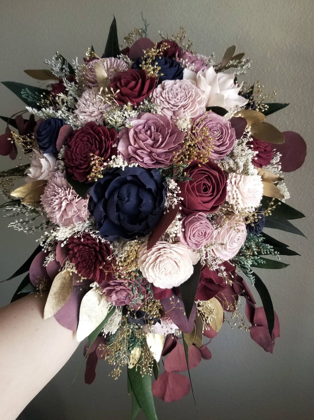 Custom Bouquet Blush Wine Dusty Rose Burgundy Navy Gold Sola Wood and ...