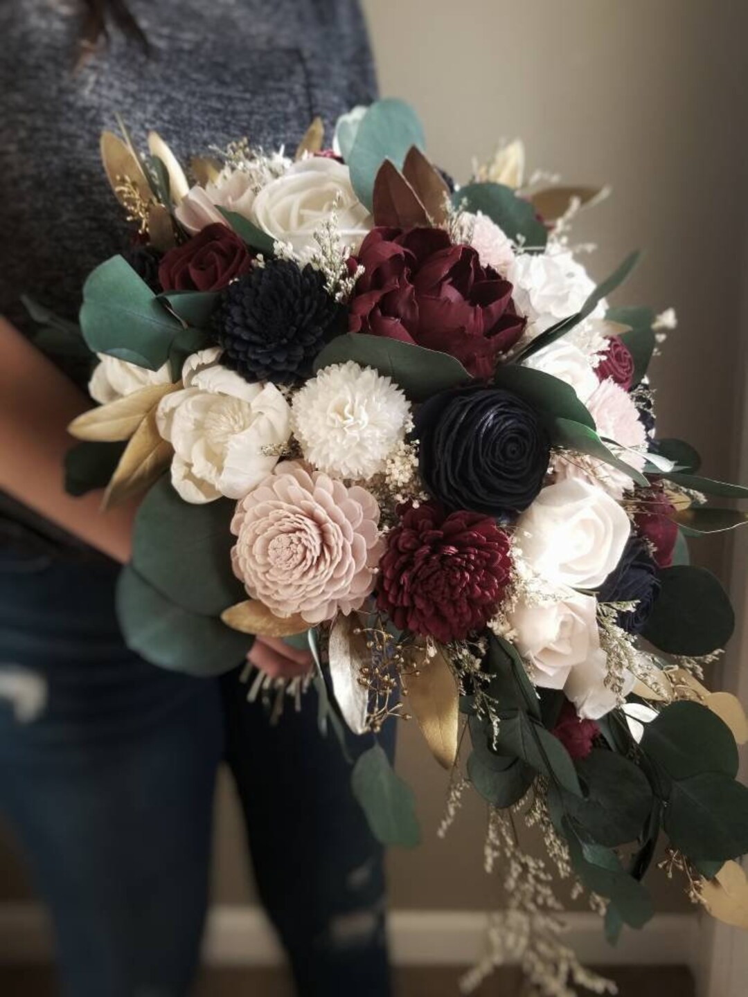 Custom Bouquet Blush Wine Burgundy Navy Gold Sola Wood and Dried Flower ...