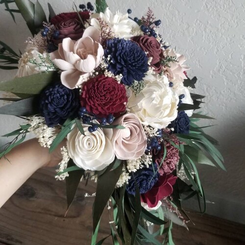 Navy Blue and Silver Wedding Bouquet Sola Wood Flowers - Etsy