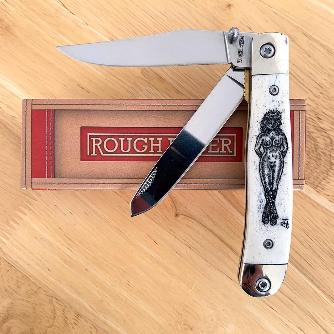 Nude Lumberjack Pinup Scrimshaw Assisted Trapper Knife (mature Content ...