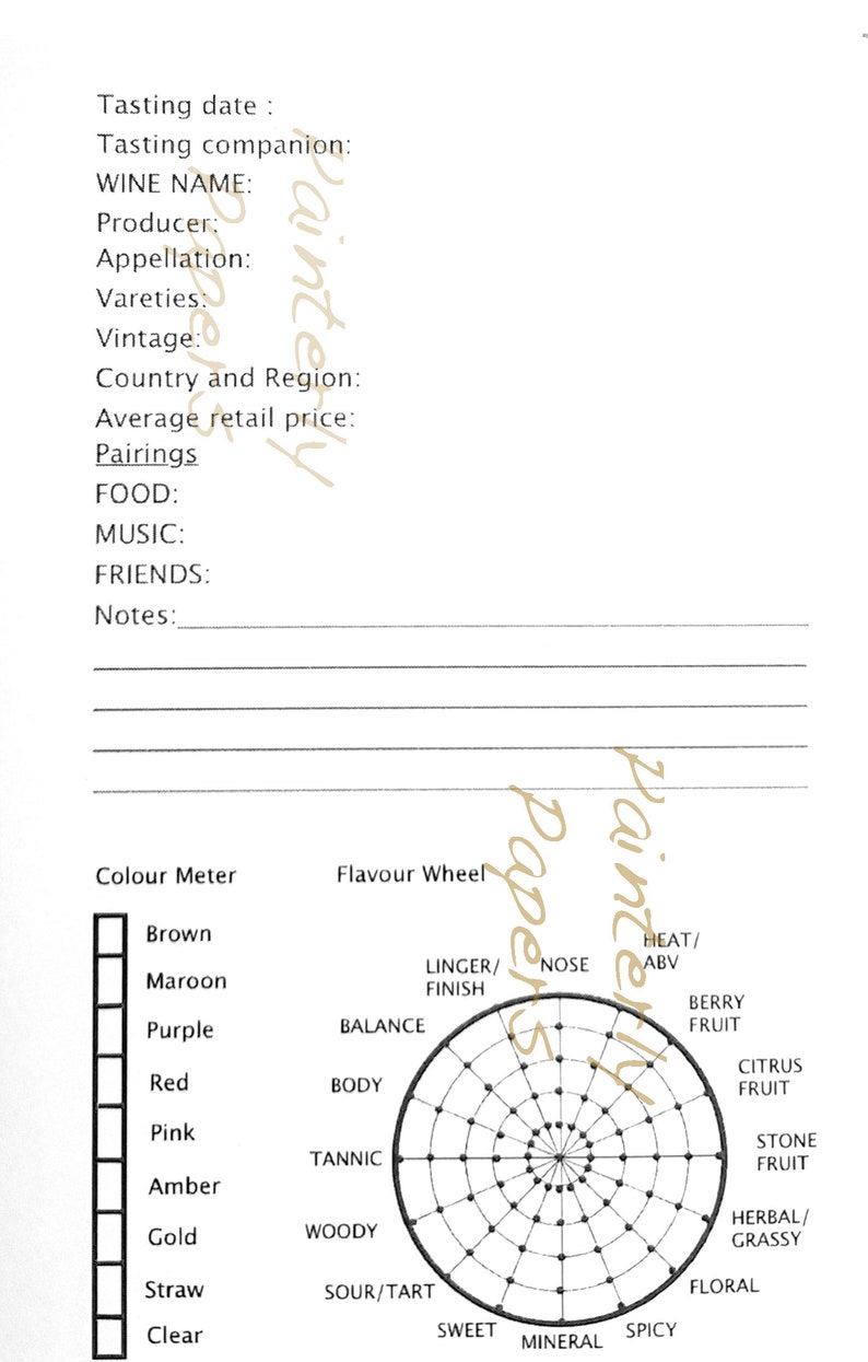Printable Wine Tasting Card, Note Sheet, for Your Planner, Diary or ...