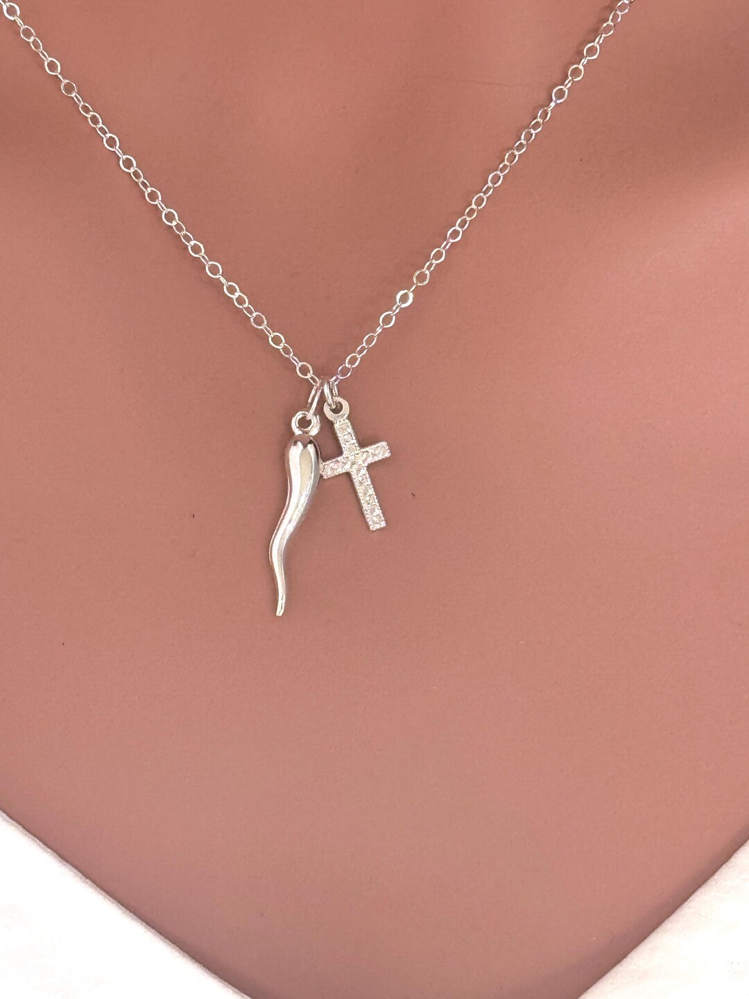 Italian Horn & Cross Necklace: Sterling Silver Cornetto Charm - Etsy