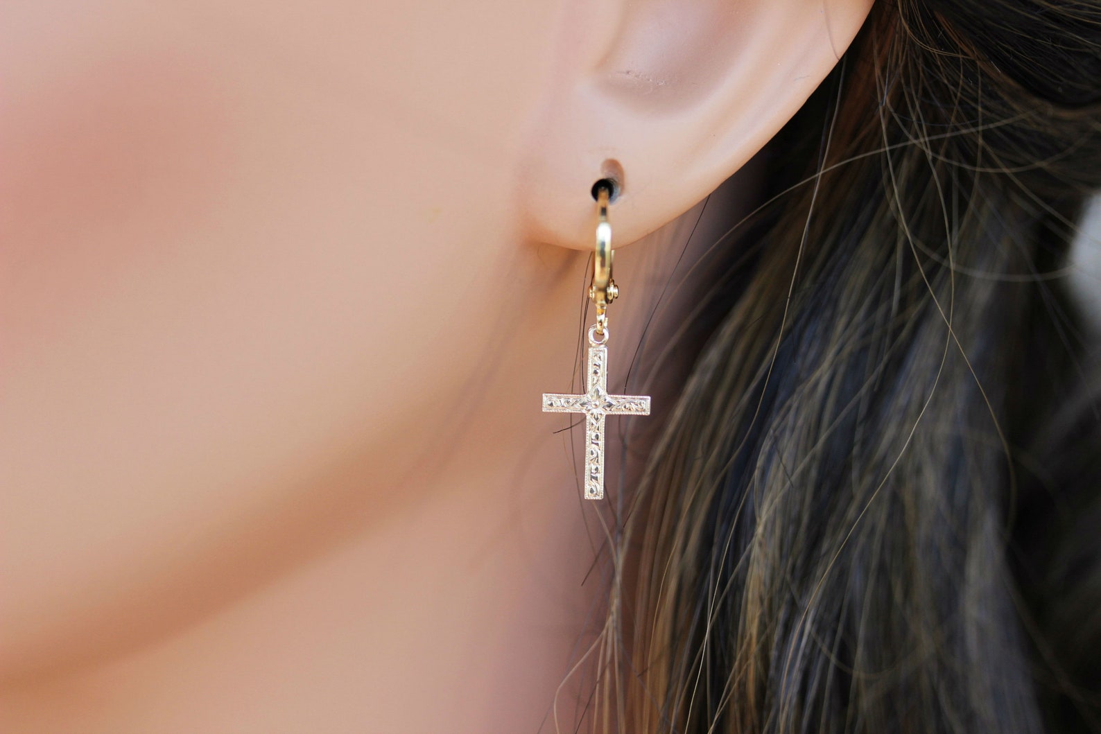 Cross Earrings Dangle Hoop Earrings With Charm 14k Gold - Etsy