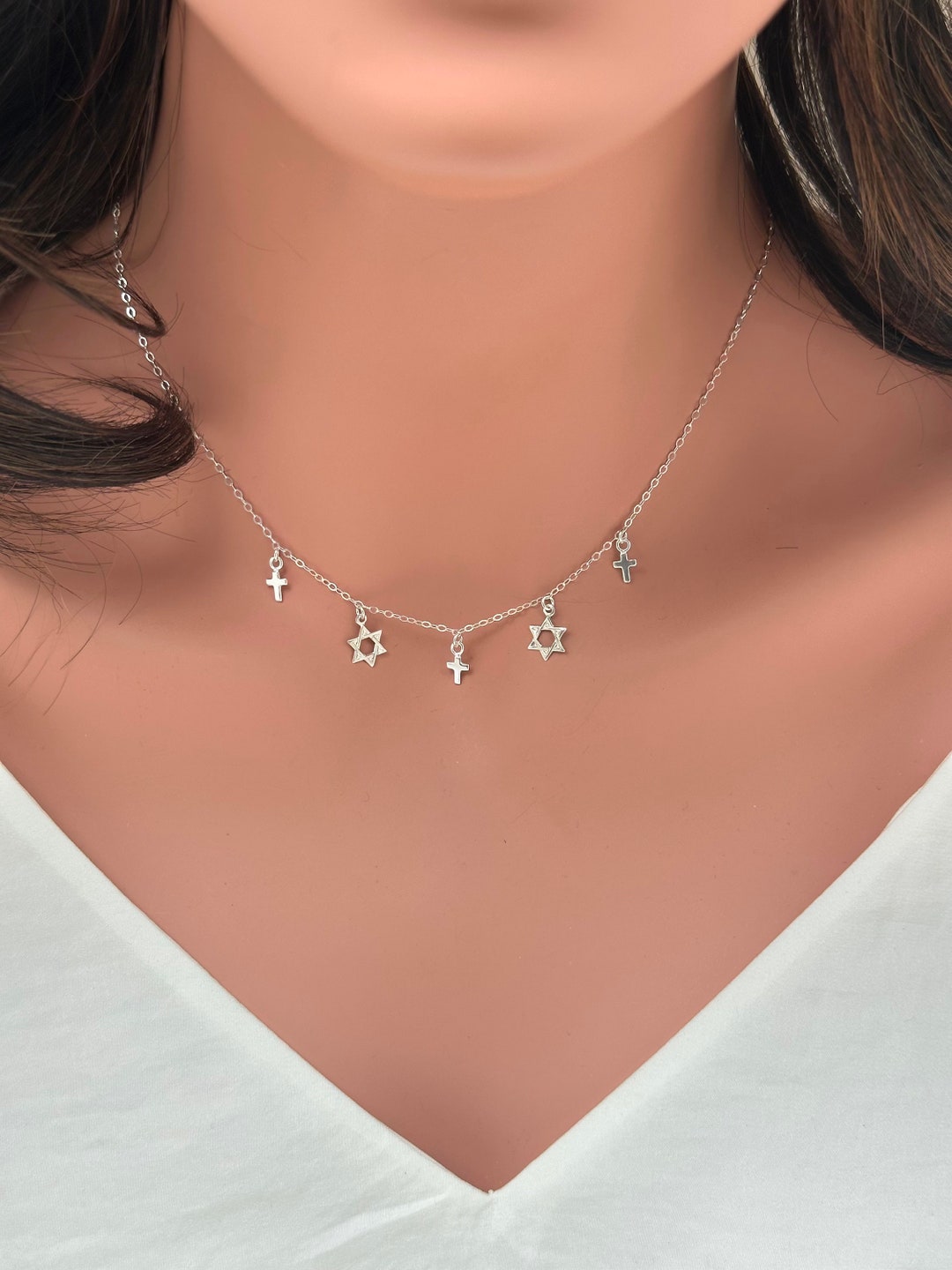 Sterling Silver Star of David Cross Charm Necklace: Interfaith Jewelry ...