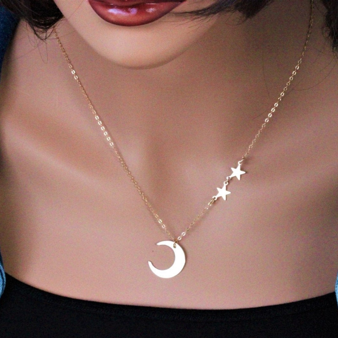 Silver Moon Necklace, Aesthetic Moon Star Celestial Astrology Cable Chain Necklace, Half Moon ...