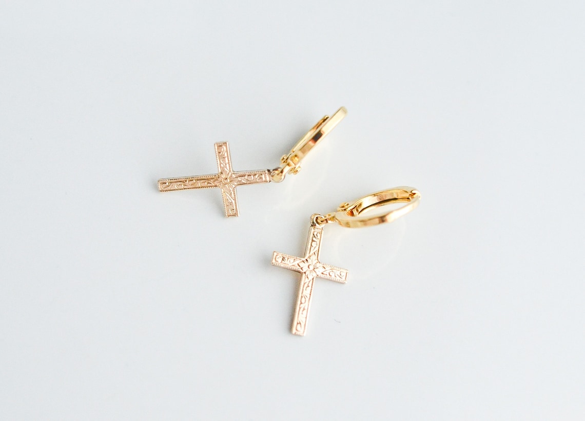 Cross Earrings Dangle Hoop Earrings With Charm 14k Gold - Etsy