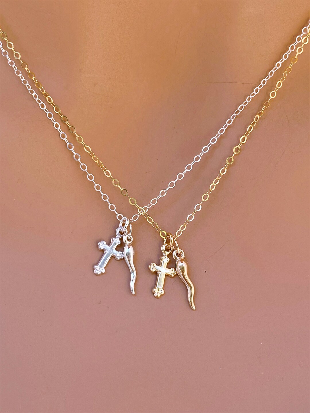 Tiny Italian Horn & Cross Pendant: 14k Gold Fill or Sterling Silver - Etsy