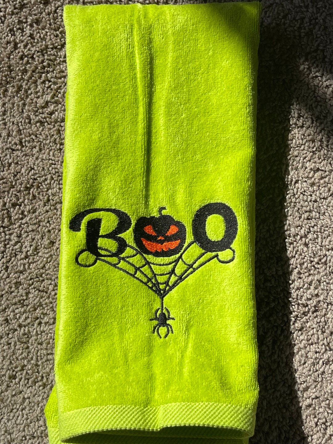 Embroidered Velour Hand Towel - Halloween - BOO W/pumpkin - Lime Green ...
