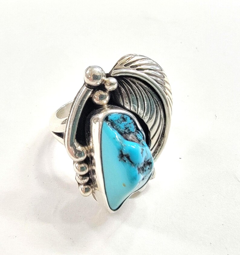 Native American Squash Blossom Dead Pawn Silver and Turquoise Ring Size ...