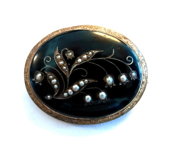 Victorian 18k Black Enamel Seeded Pearls Mourning Pin… - Gem