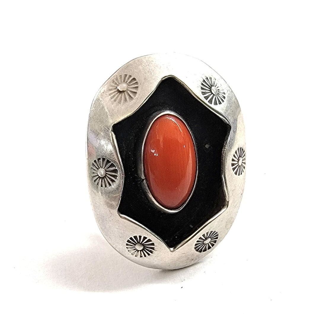 Native American Shadow Box Stamped Dead Pawn Silver and Coral Ring Size ...