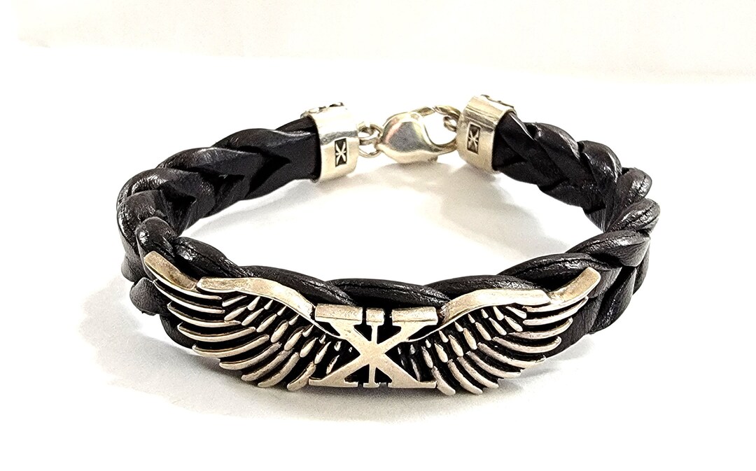 Axion Sterling Silver Double Wing Leather Bracelet - Etsy