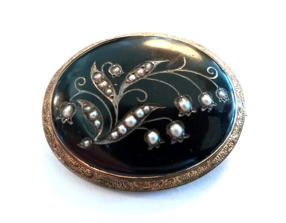 Victorian 18k Black Enamel Seeded Pearls Mourning Pin… - Gem