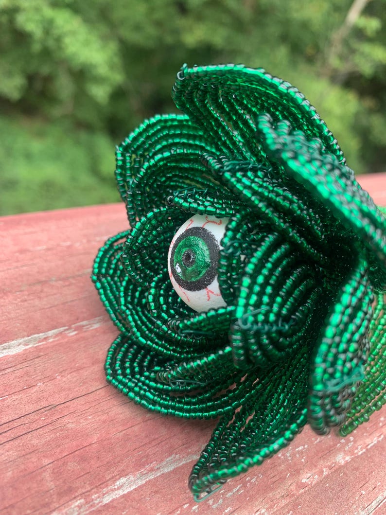 Green French Beaded Flower With Eyeball Center - Etsy