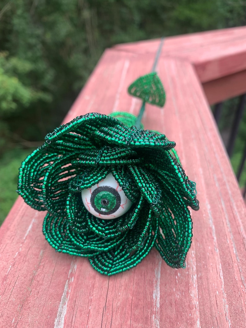 Green French Beaded Flower With Eyeball Center - Etsy
