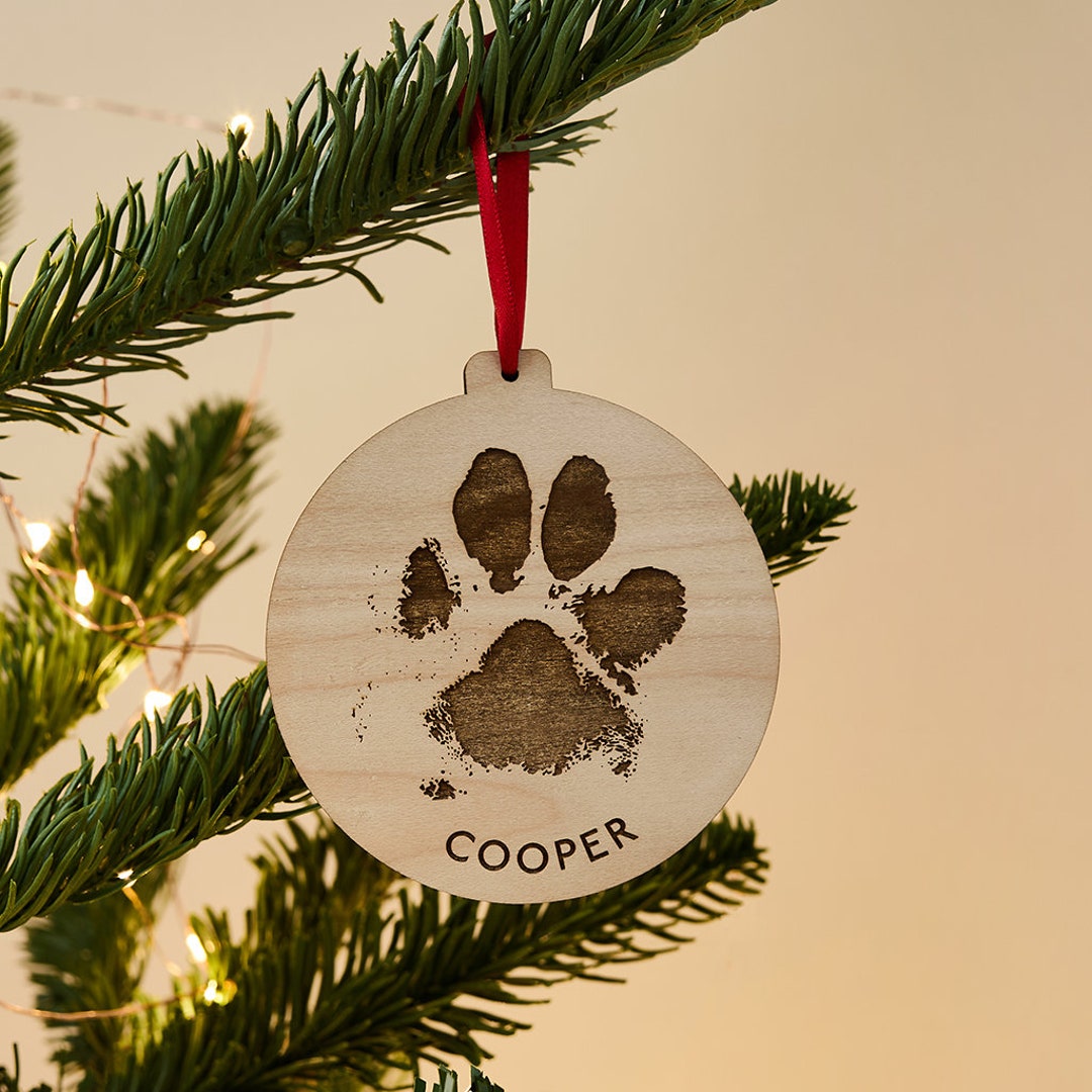 Personalised Paw Print Christmas Bauble | Wooden Tree Ornament Engraved ...