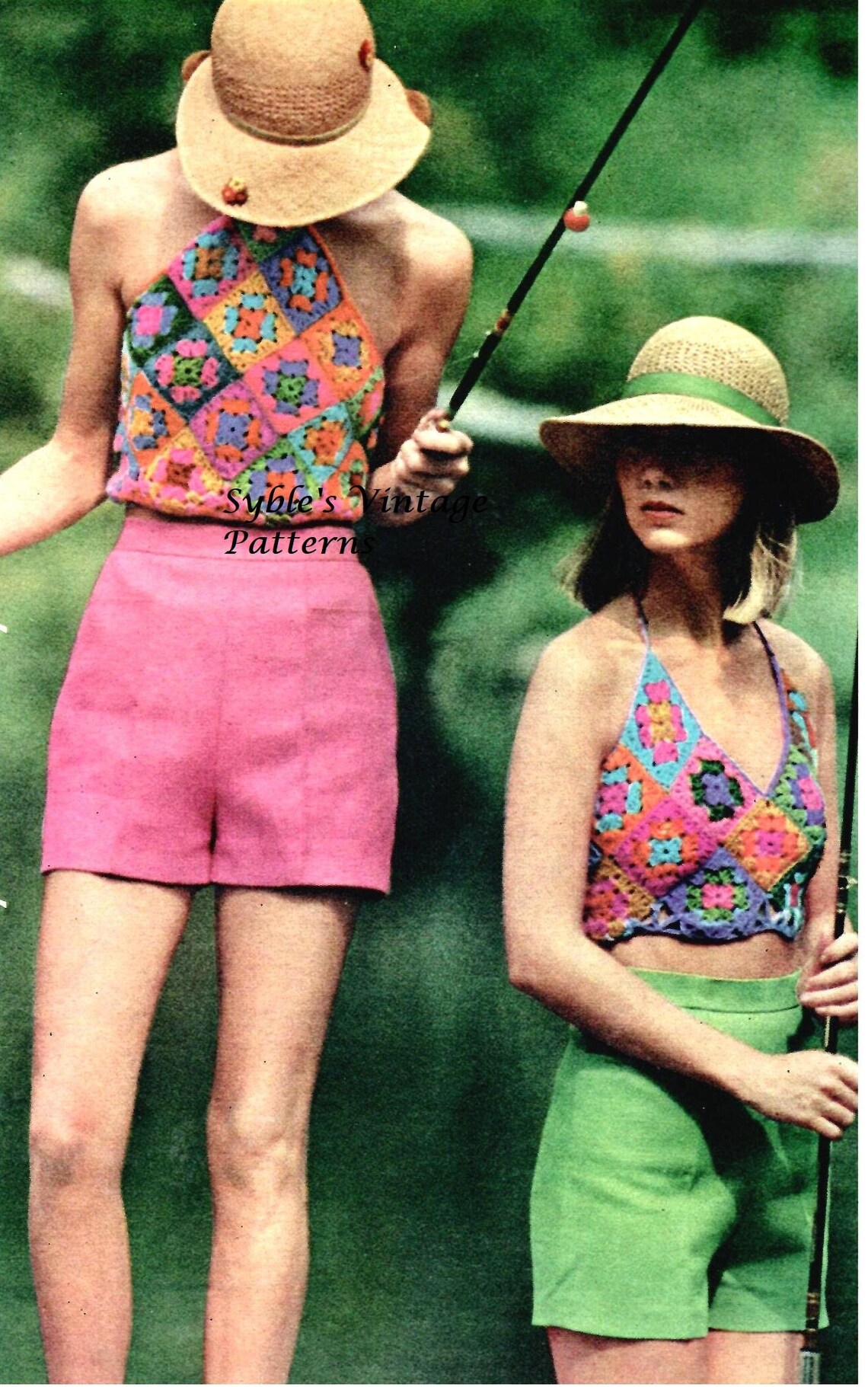 Vintage Crochet Pattern Womens Retro Granny Square Halter Tops 2 Styles ...