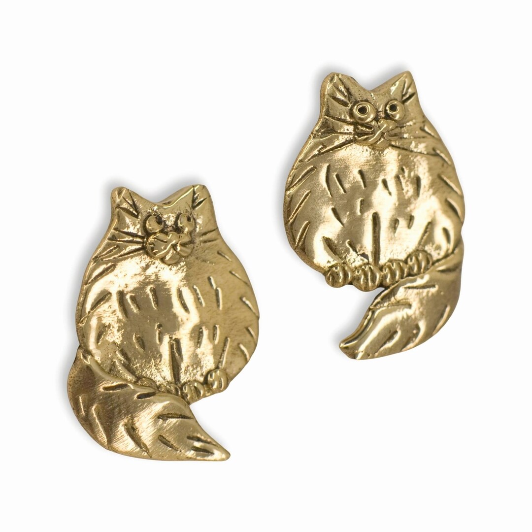Fat Cat Stud Earrings 14K Solid Gold - Etsy