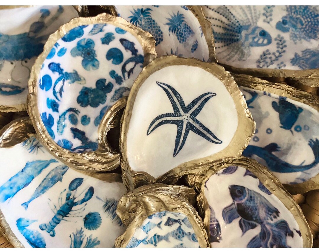 Oyster Shell Ring Dish, Blue Coastal Statement Dish, Hostess Gift ...