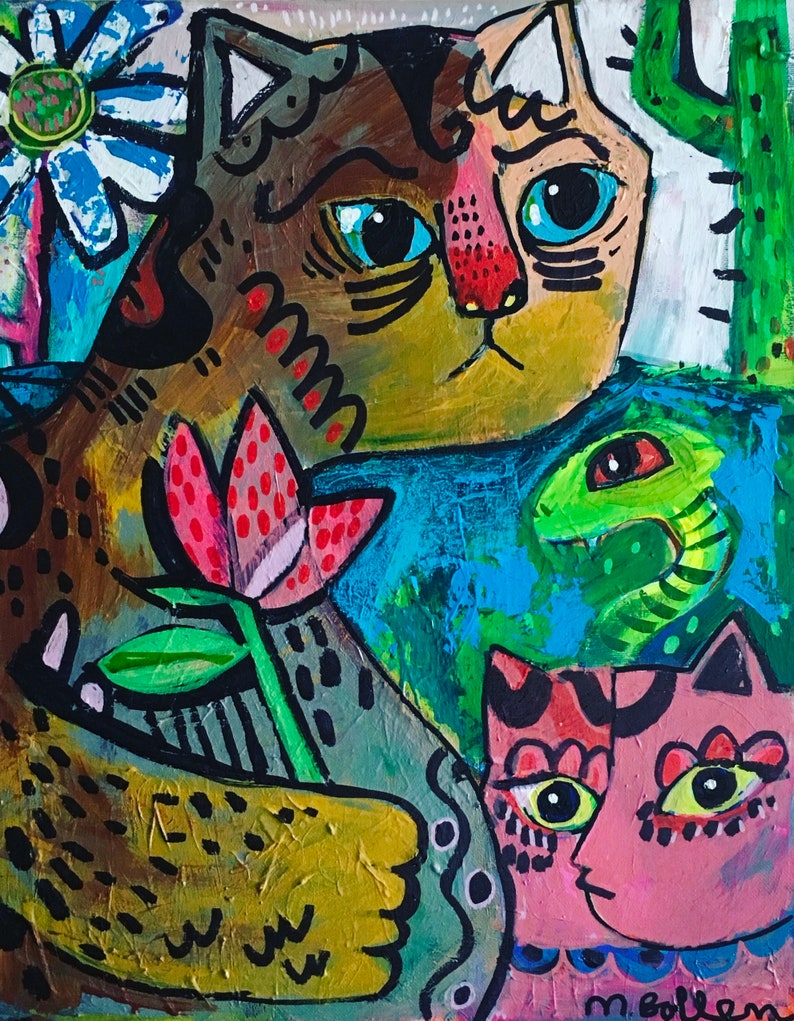 Cats Snake Cubist Pink Melissa Bollen Print of Painting Cubist ...