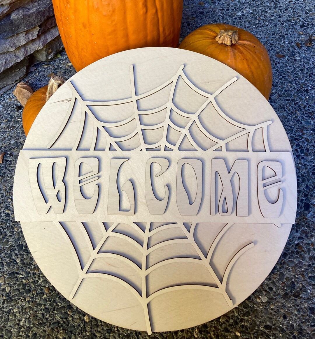 Halloween Spiderweb Welcome Sign, Multilayer Unfinished Hanging Wooden ...