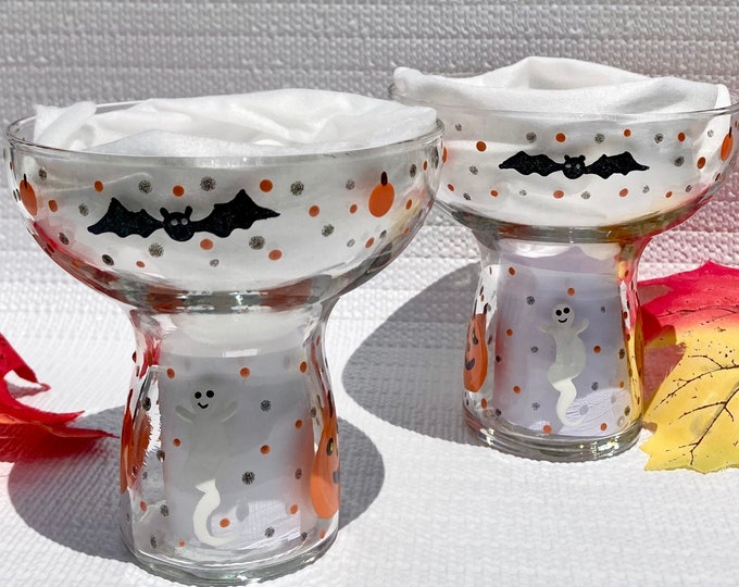 Halloween Margarita Glasses Hand Painted Ghosts, Pumpkins and Bats Set ...