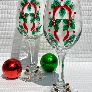 Christmas Wine Glasses Hand Painted Holly and Red Ribbons Set of 2 ...