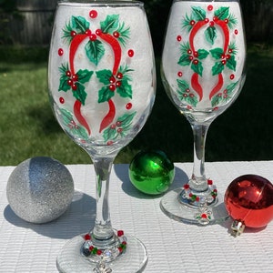 Christmas Wine Glasses Hand Painted Holly and Red Ribbons Set of 2 ...